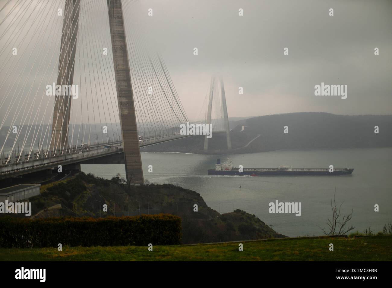 Oil tanker ship SCF Samotlor sails under Yavuz Sultan Selim bridge as it crosses the Bosphorus ...