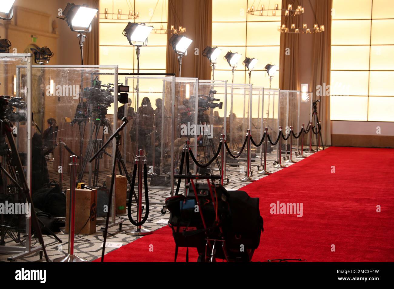 A behind the scenes look of the media interview set up with partitions ...