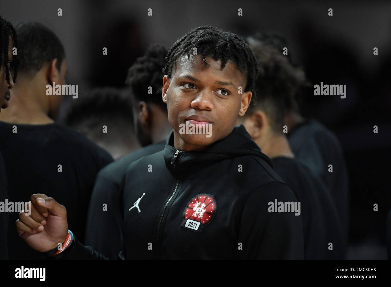 Houston guard Marcus Sasser on the court during a timeout during the ...