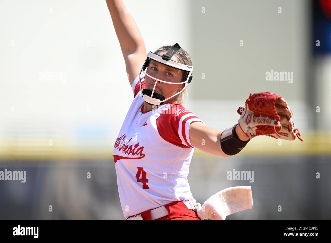 South Dakotas' Kynlee Marquez pitches during an NCAA softball game on ...