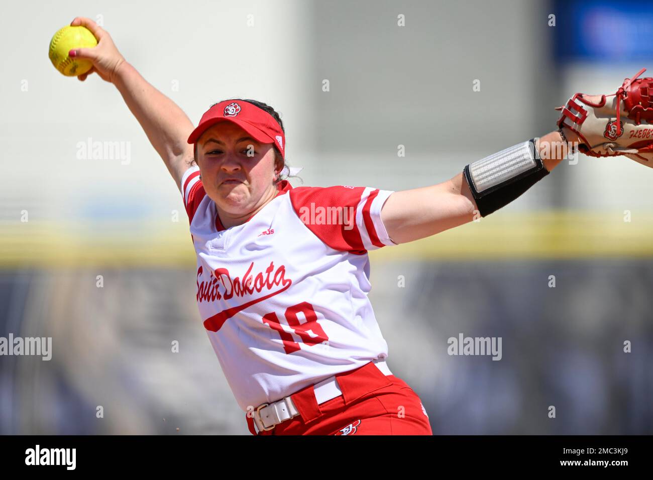 South Dakotas' Holly Fletcher pitches during an NCAA softball game on ...