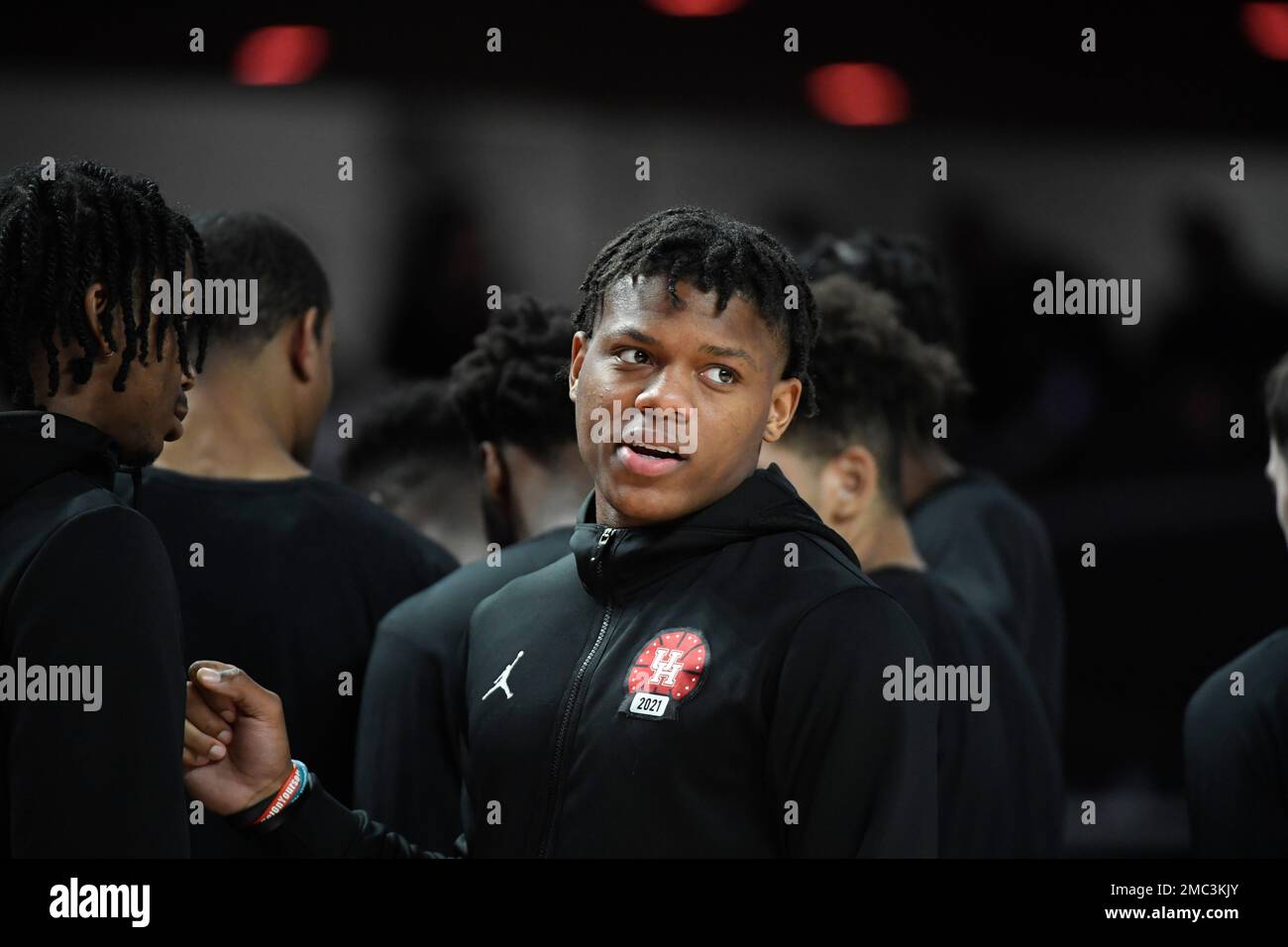 Houston guard Marcus Sasser on the court during a timeout during the ...