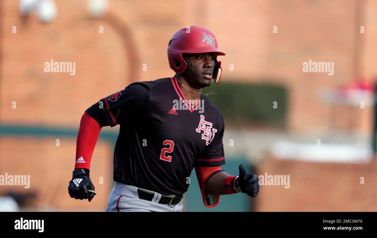 Arkansas St. outfielder Drew Tipton (2) runs to first during an NCAA ...