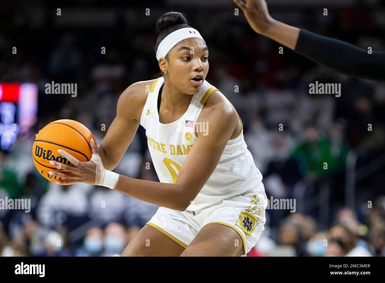 Notre Dame's Maya Dodson (0) holds the ball during an NCAA college ...