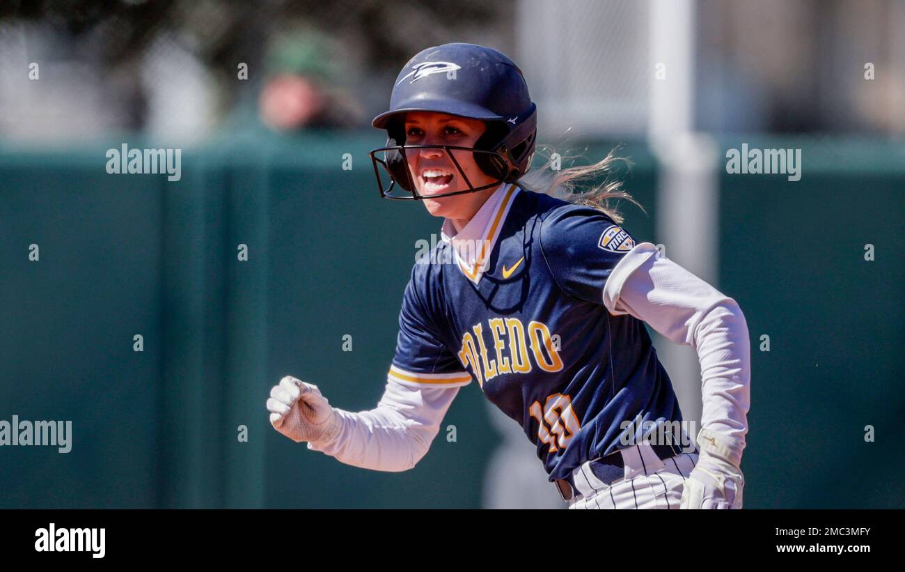 Toledo shortstop Lily Beyer (10) runs to second during an NCAA softball ...