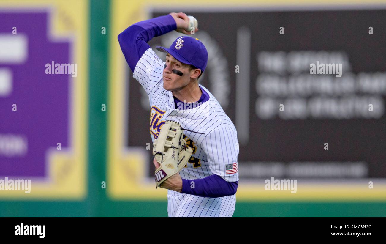 LSU outfielder Maurice Hampton Jr. (14) throws during an NCAA baseball ...