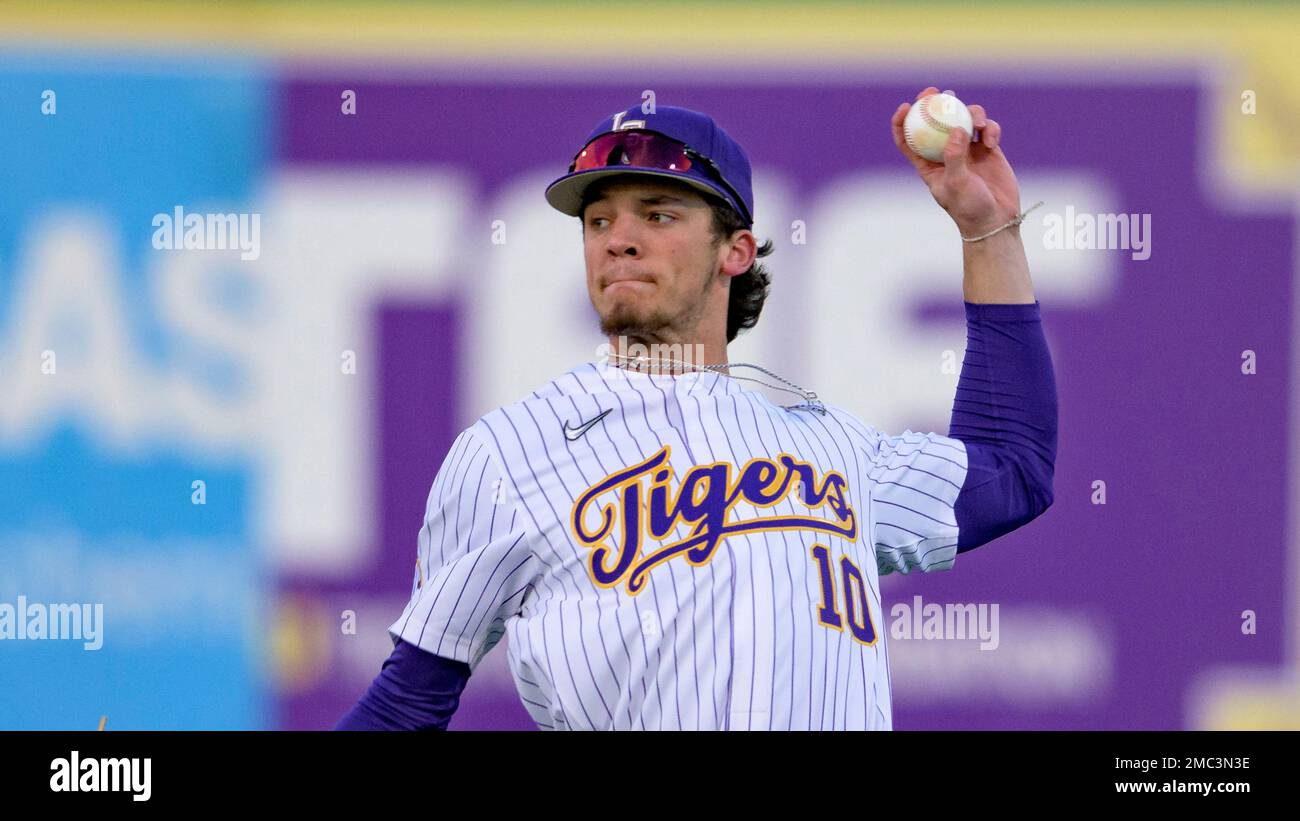 LSU outfielder Brody Drost (10) throws during an NCAA baseball game ...