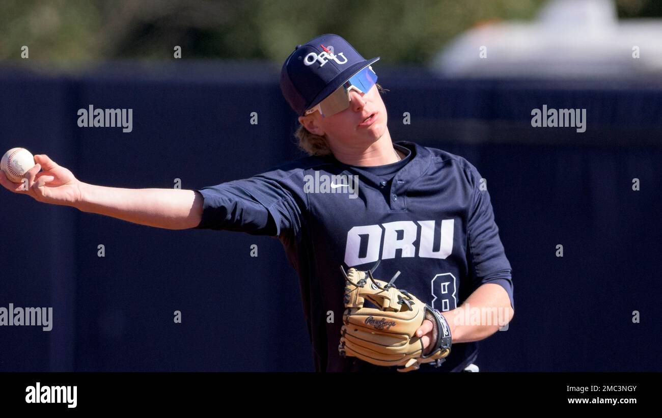 Oral Roberts infielder Dylan Wipperman (8) throws during an NCAA ...