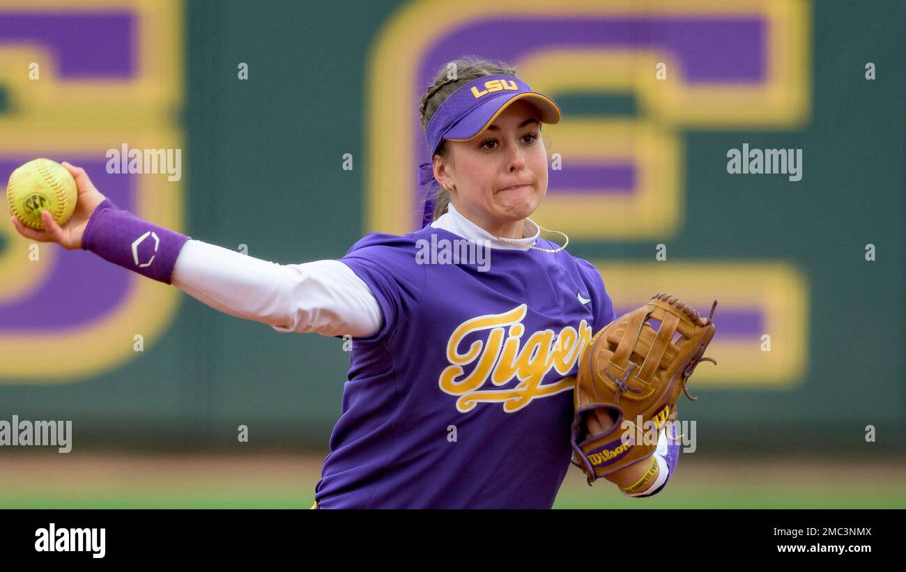LSU infielder Sydney Peterson (1) throws during an NCAA softball game against Stephen F. Austin ...