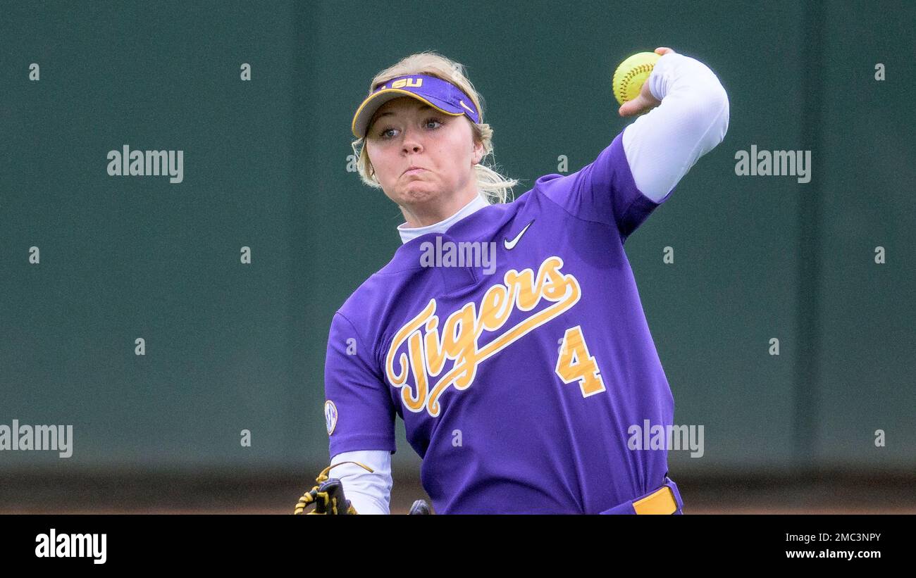 LSU outfielder McKenzie Redoutey (4) throws during an NCAA softball ...