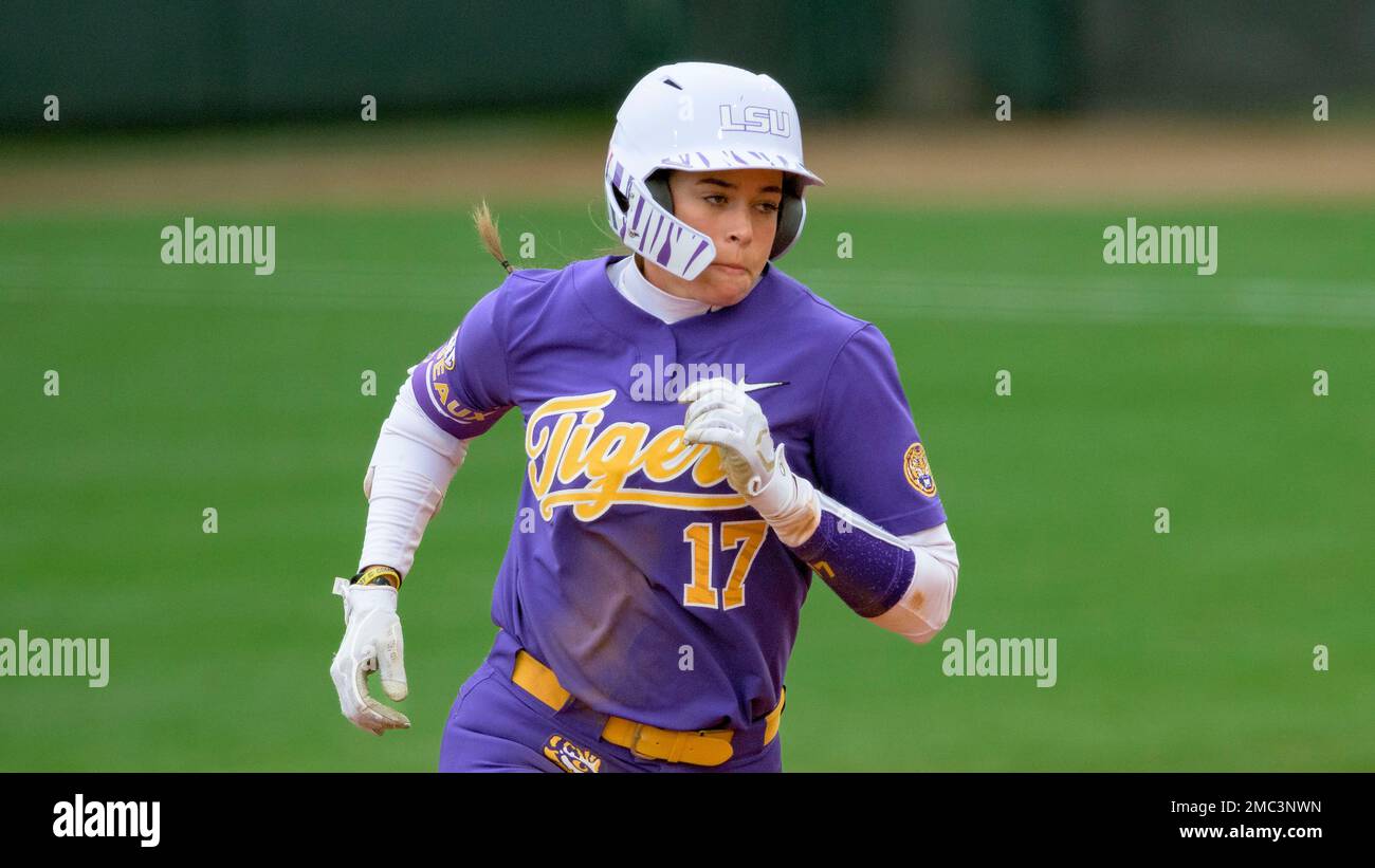LSU infielder Taylor Pleasants (17) runs during an NCAA softball game ...