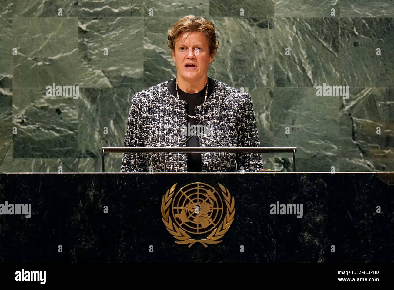 Britain's U.N. Ambassador Barbara Woodward addresses the emergency ...