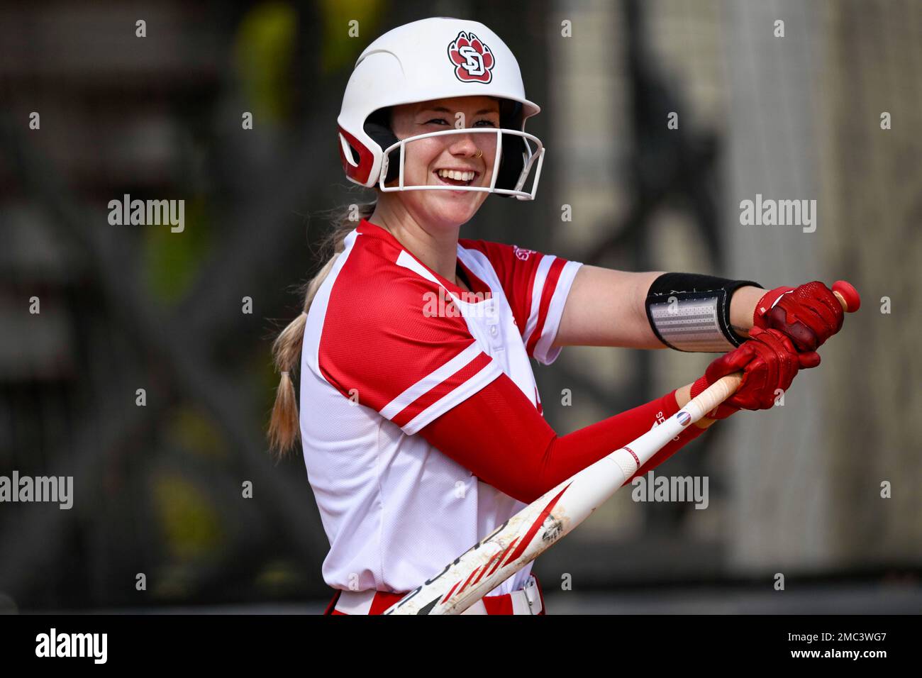 South Dakota's Jadyn DeWitte bats during an NCAA softball game on ...
