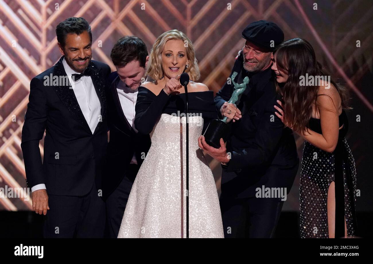 The cast of "Coda" accepts the award for outstanding performance by a ...