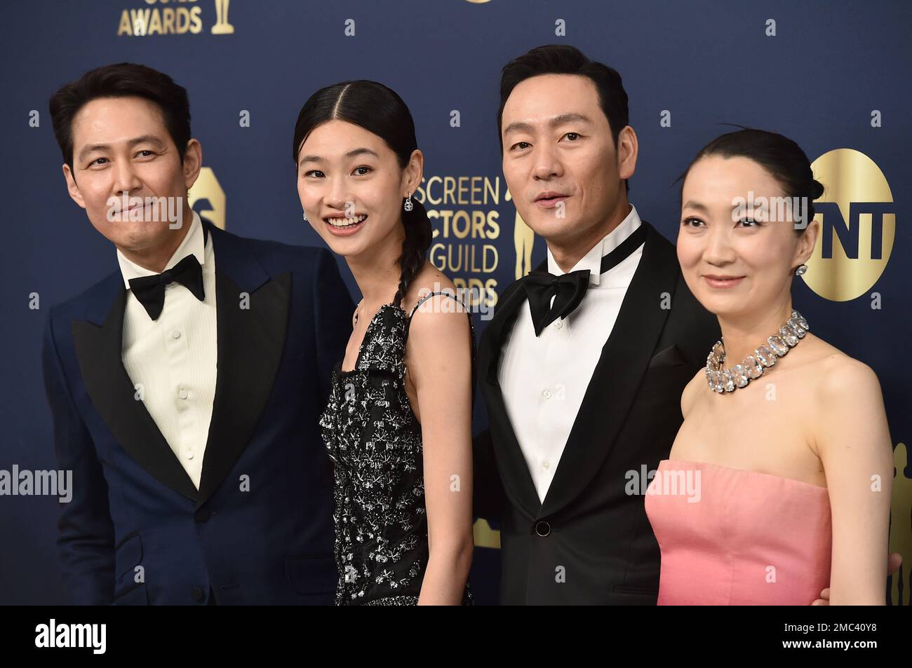 Lee Jung-jae, from left, Jung Ho-yeon, Park Hae-soo, and Kim Joo-ryeong ...