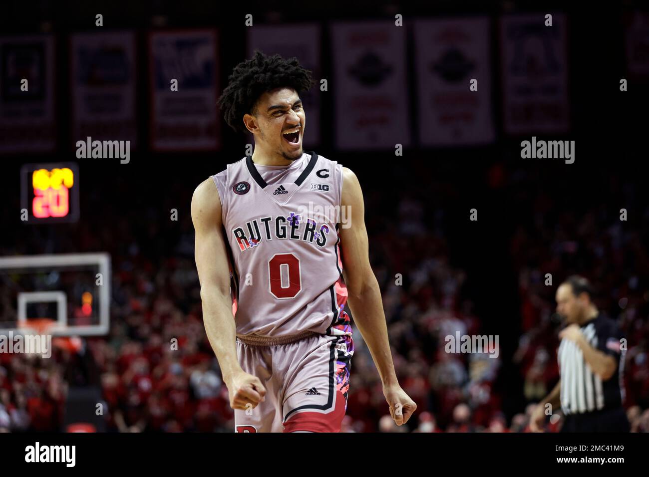 Rutgers guard Geo Baker (0) reacts against Wisconsin during the second ...