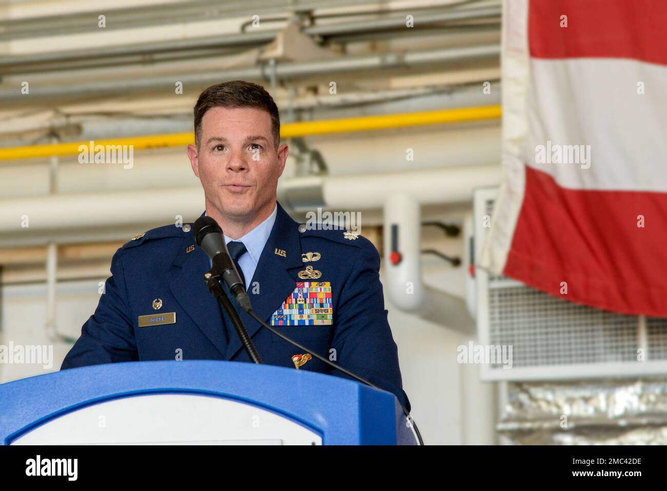 U.S. Air Force Lt. Col. Brian Cooper, 177th Maintenance Group commander, addresses the 177th MXG ...