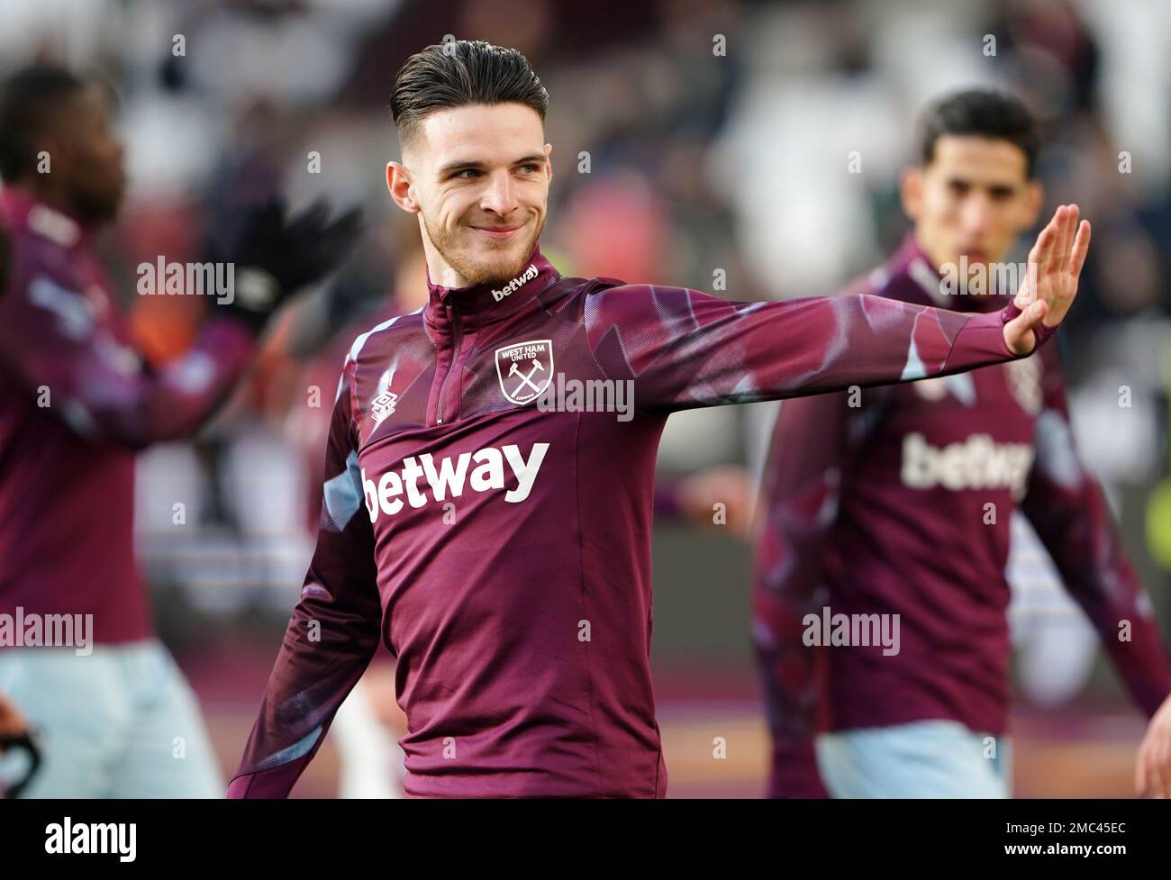 West Ham United's Declan Rice warms up prior to the Premier League ...
