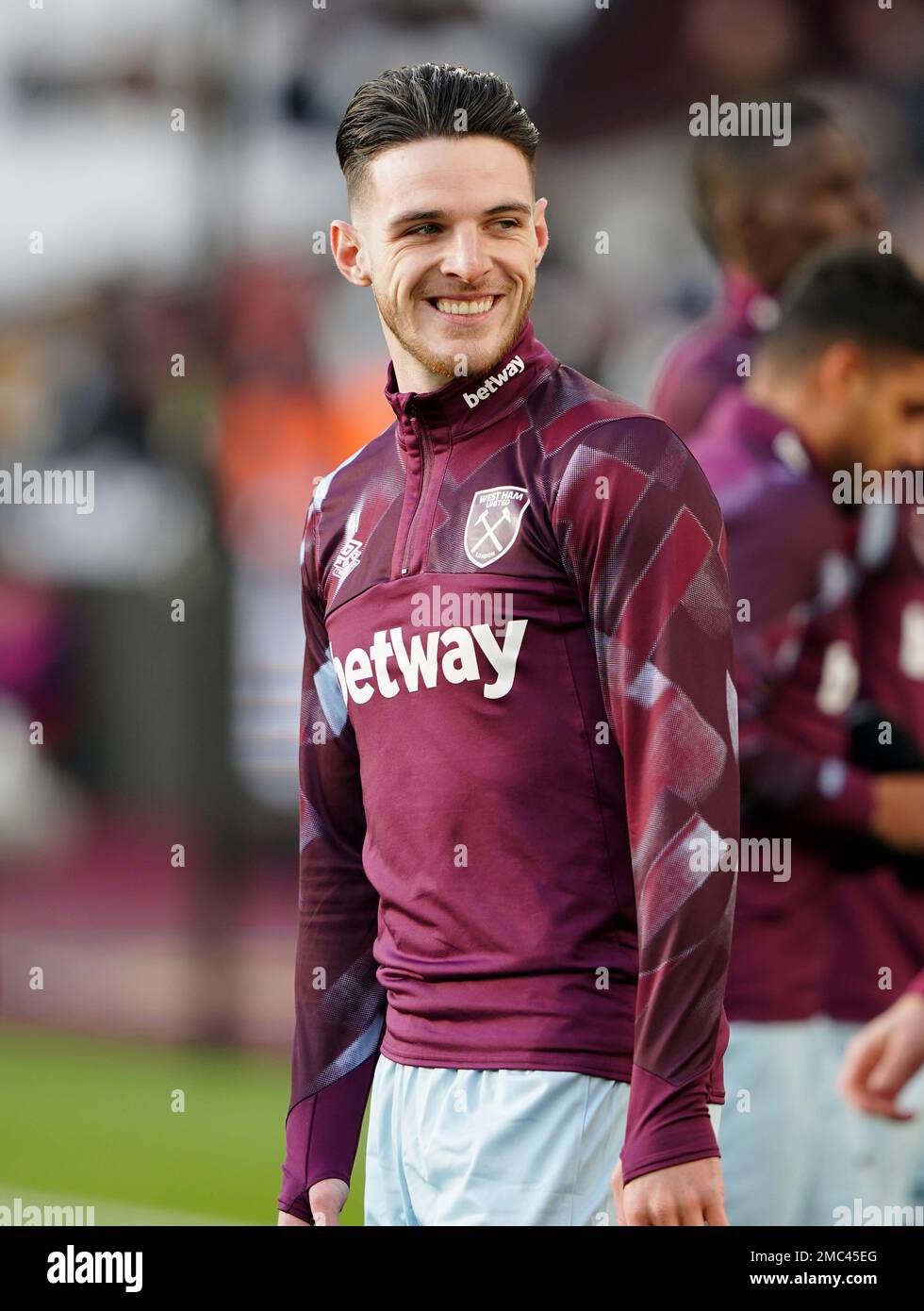 West Ham United's Declan Rice warms up prior to the Premier League ...
