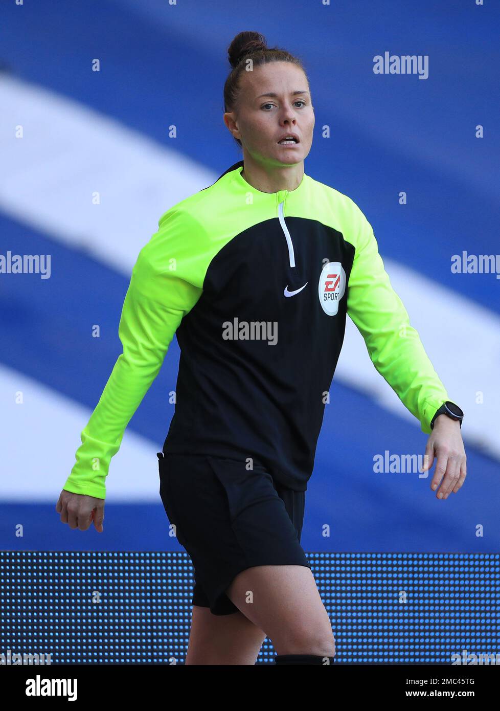 Match referee Rebecca Welch warming up before the Sky Bet Championship ...