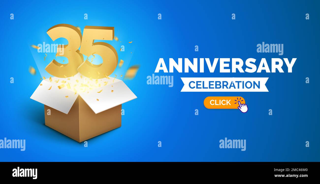 Anniversary birthday 35 years golden background. Happy vector poster 35th anniversary confetti ...