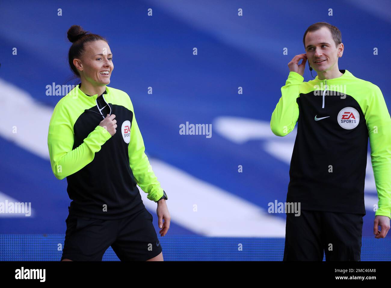Match referee Rebecca Welch warming up before the Sky Bet Championship ...