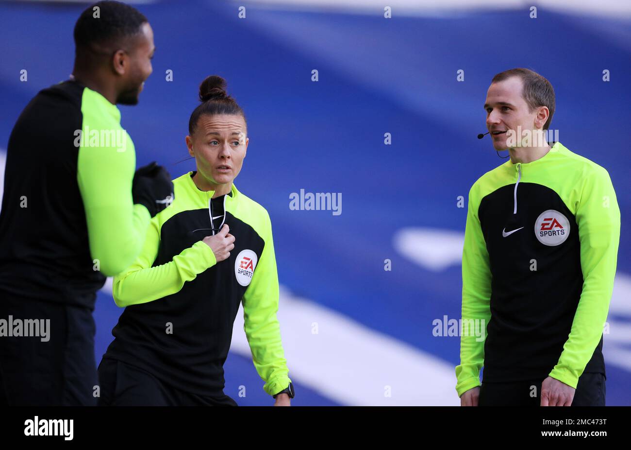 Match referee Rebecca Welch (centre) warming up before the Sky Bet ...