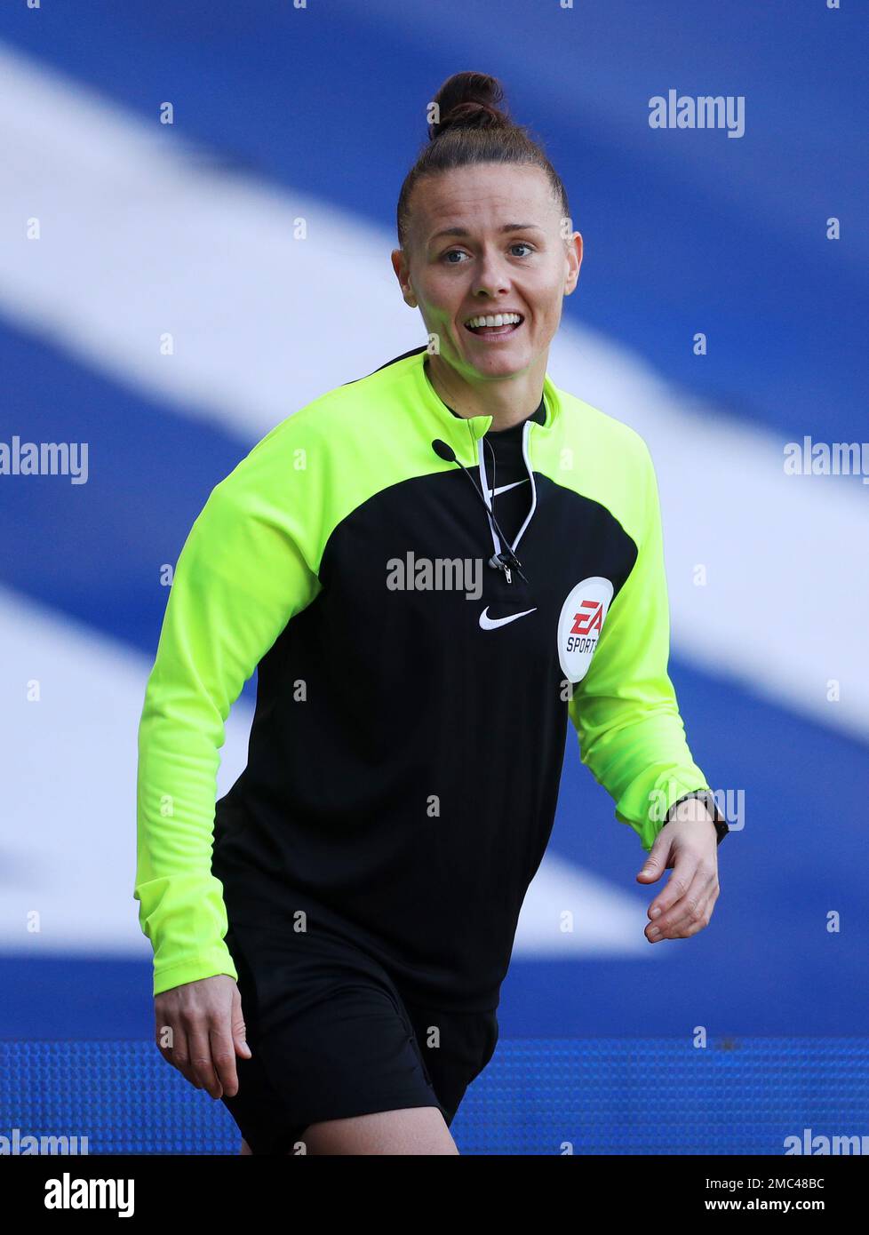Match referee Rebecca Welch (centre) warming up before the Sky Bet ...