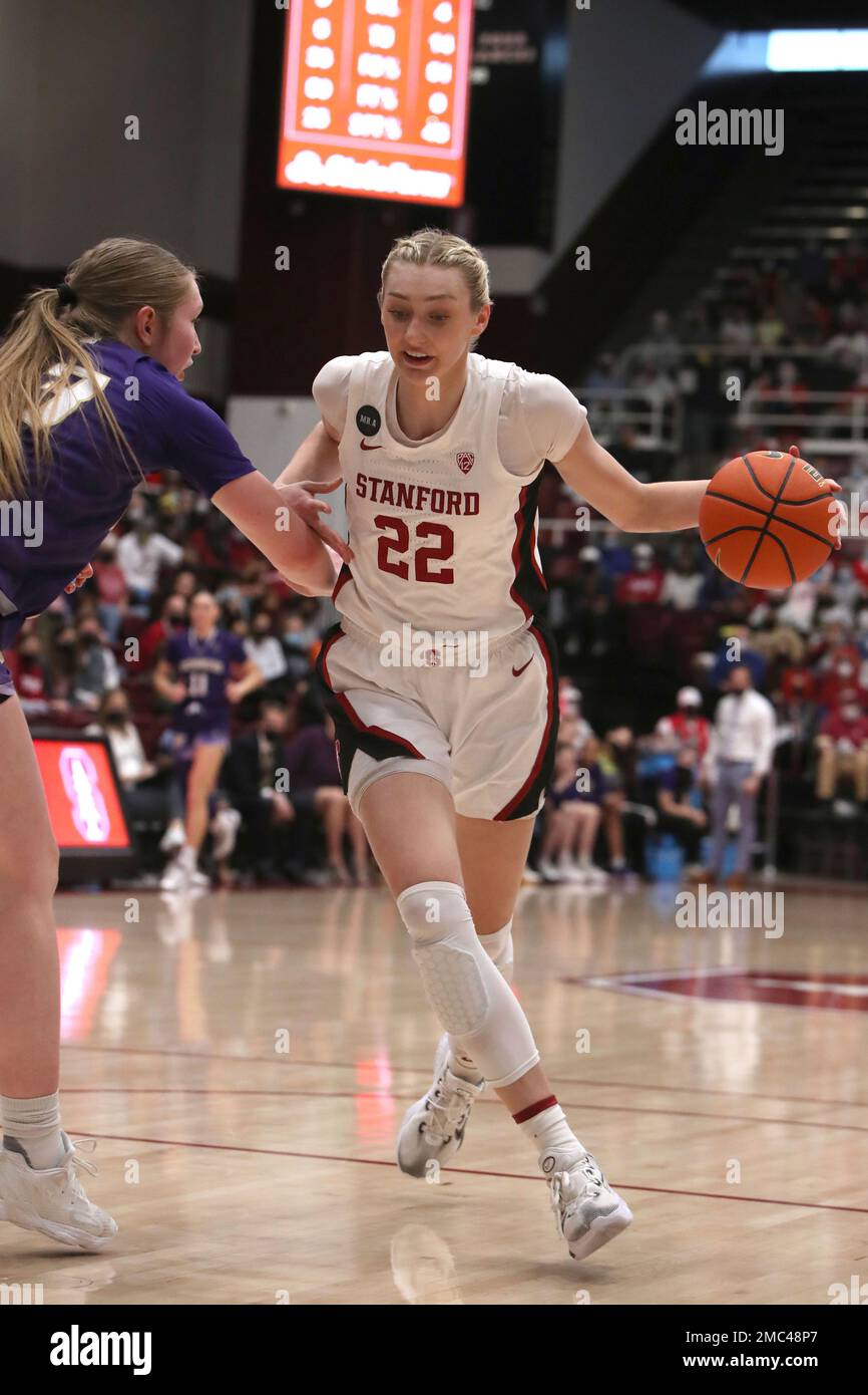 Stanford forward Cameron Brink (22) drives around Washington center ...