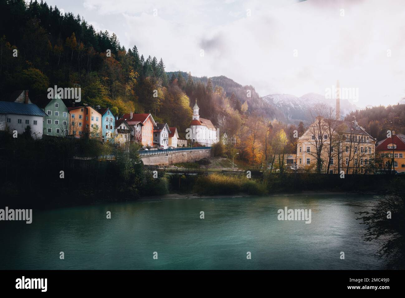 Lech River skyline with colorful houses and Blessed Virgin Church on ...