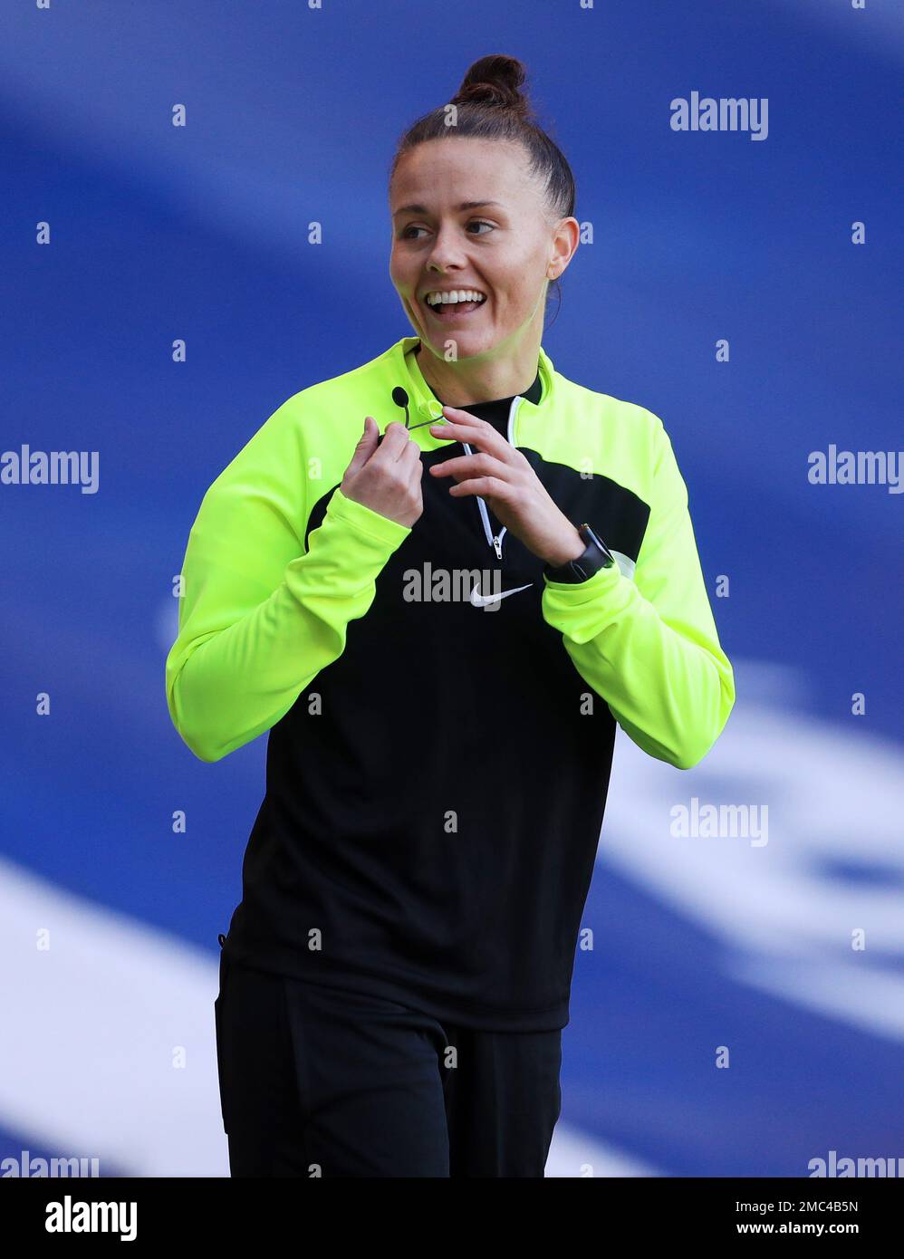 Match referee Rebecca Welch (centre) warming up before the Sky Bet ...