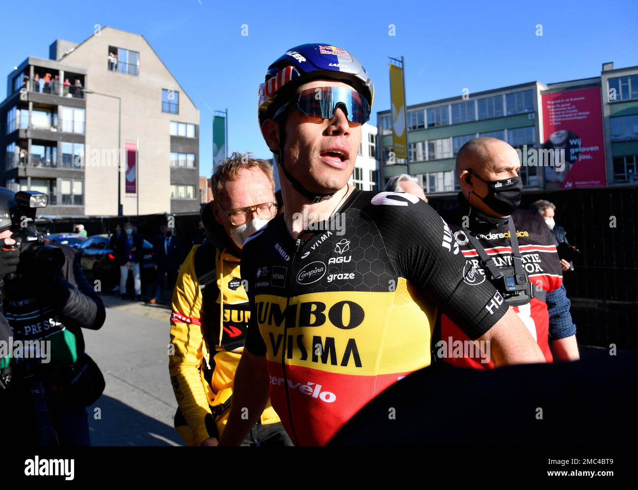 Belgium's Wout Van Aert of the Jumbo Visma team celebrates at the ...