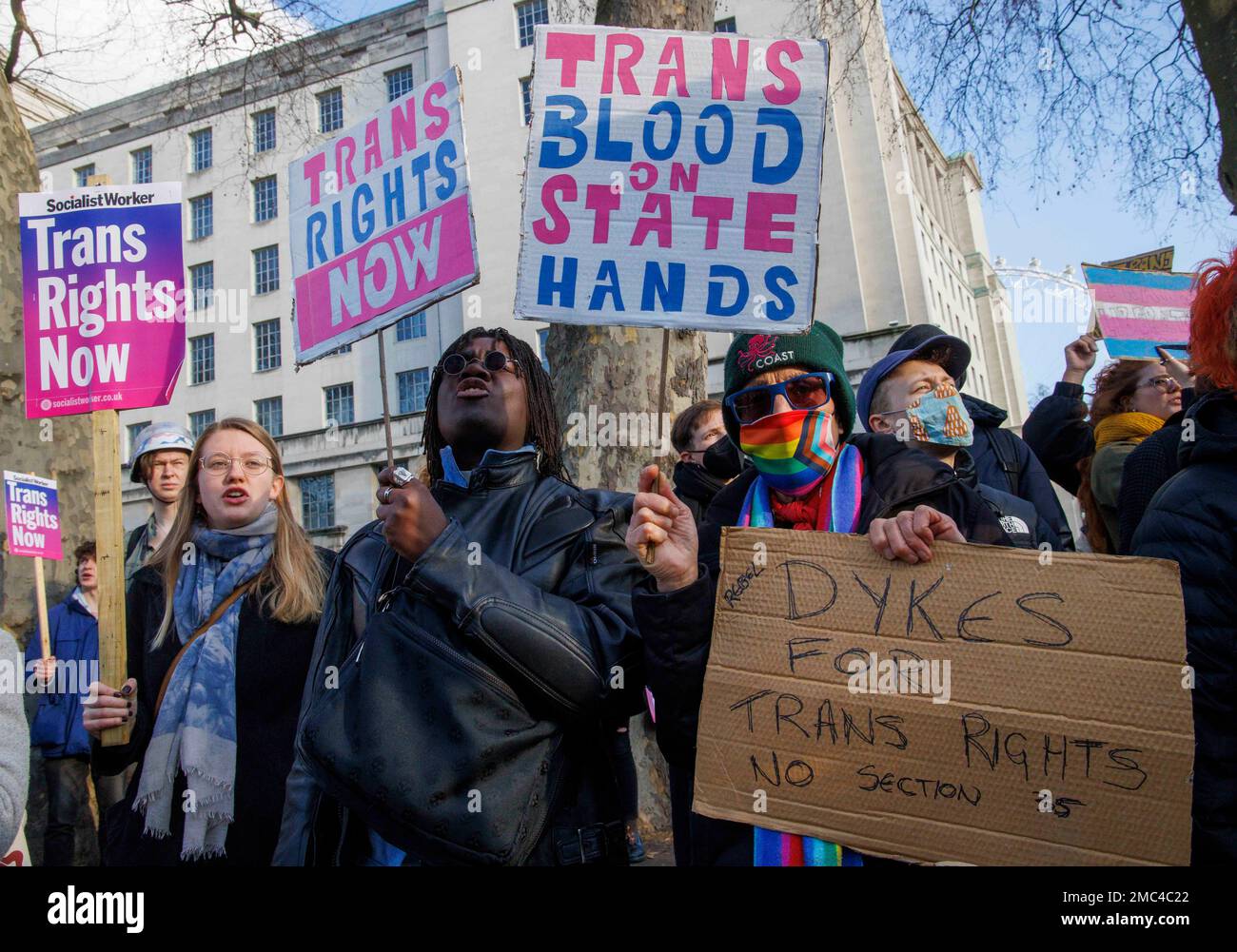 London, UK. 21st Jan, 2023. Trans Rights supporters gather opposite ...