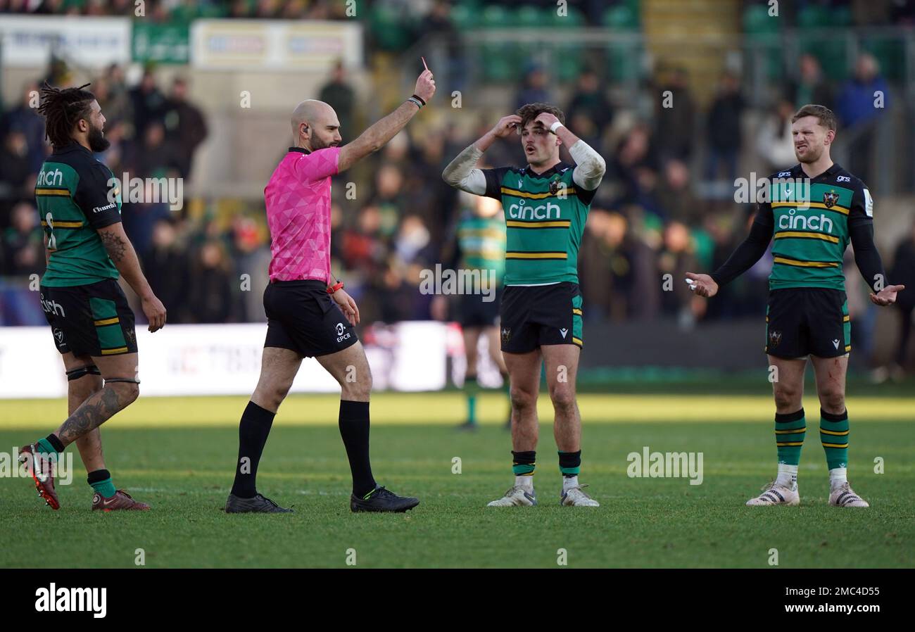 Referee Andrea Piardi shows a red card to Northampton Saints' Lukhan ...