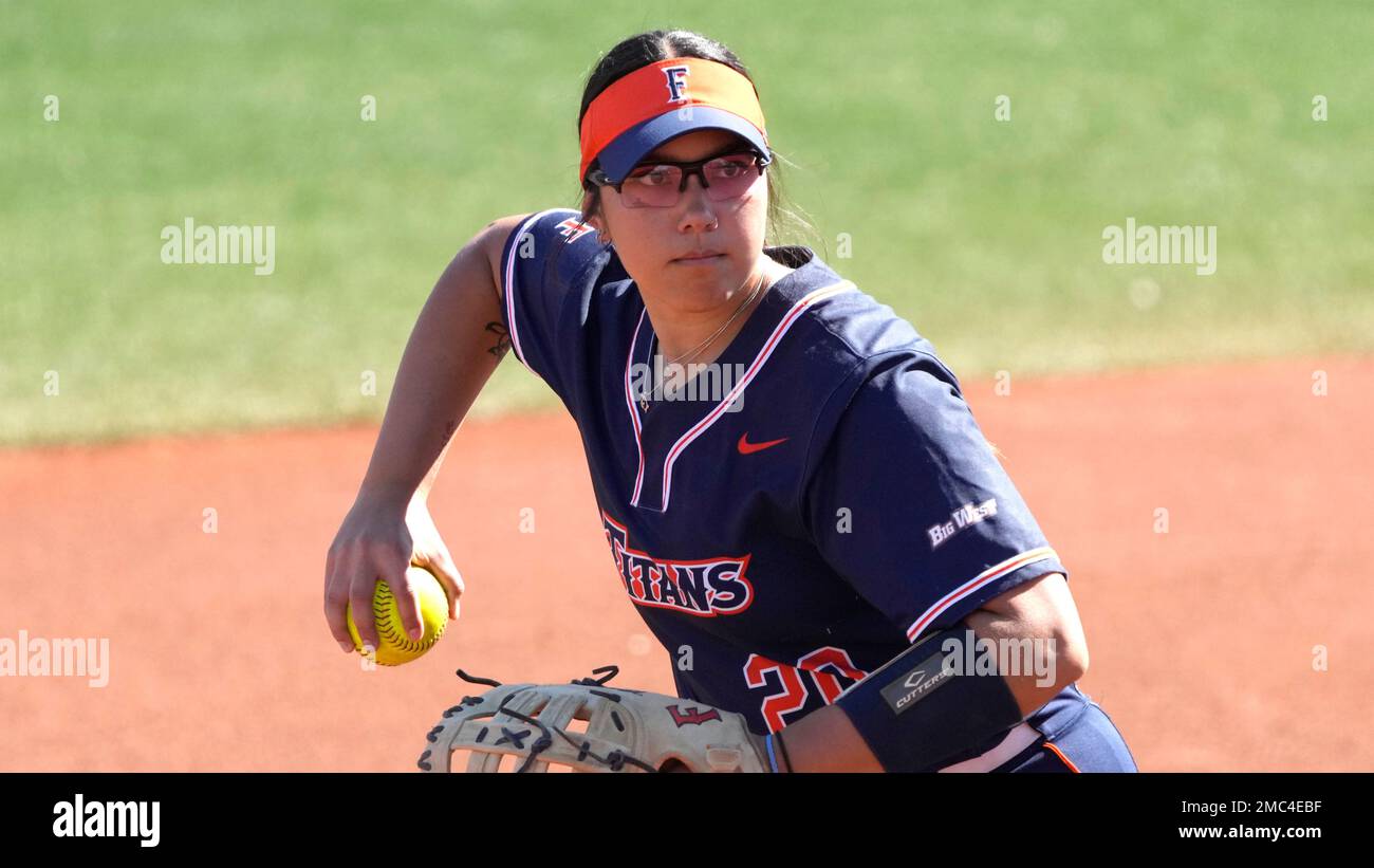 Cal State Fullerton infielder Daisy Munoz (20) during an NCAA softball ...