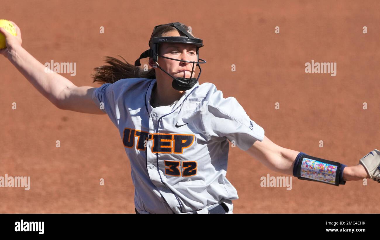 UTEP pitcher Aalijah Alarcon (32) during an NCAA softball game against California on Sunday, Feb ...