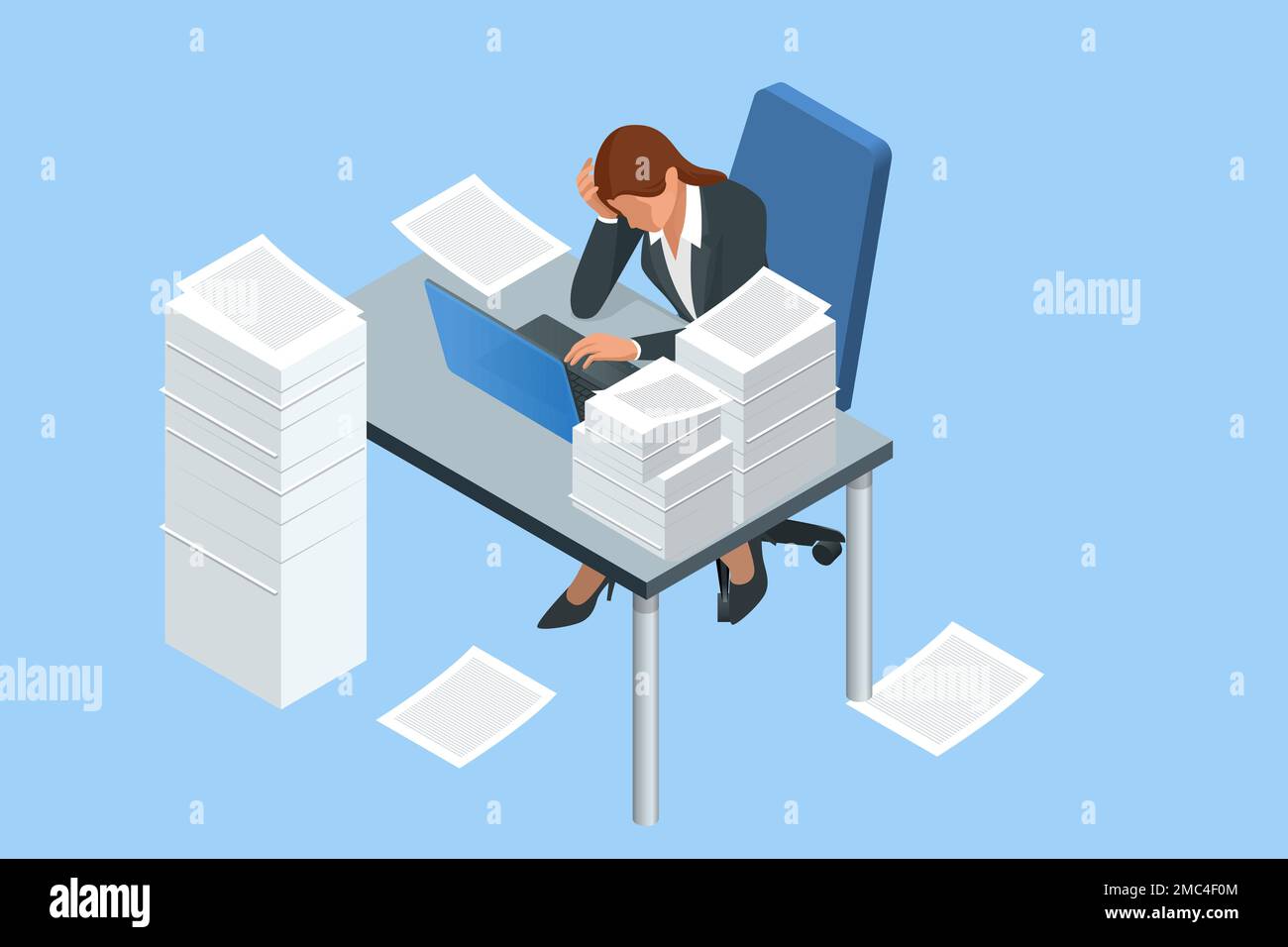 Isometric stacks of paperwork and files in the office, bureaucracy ...