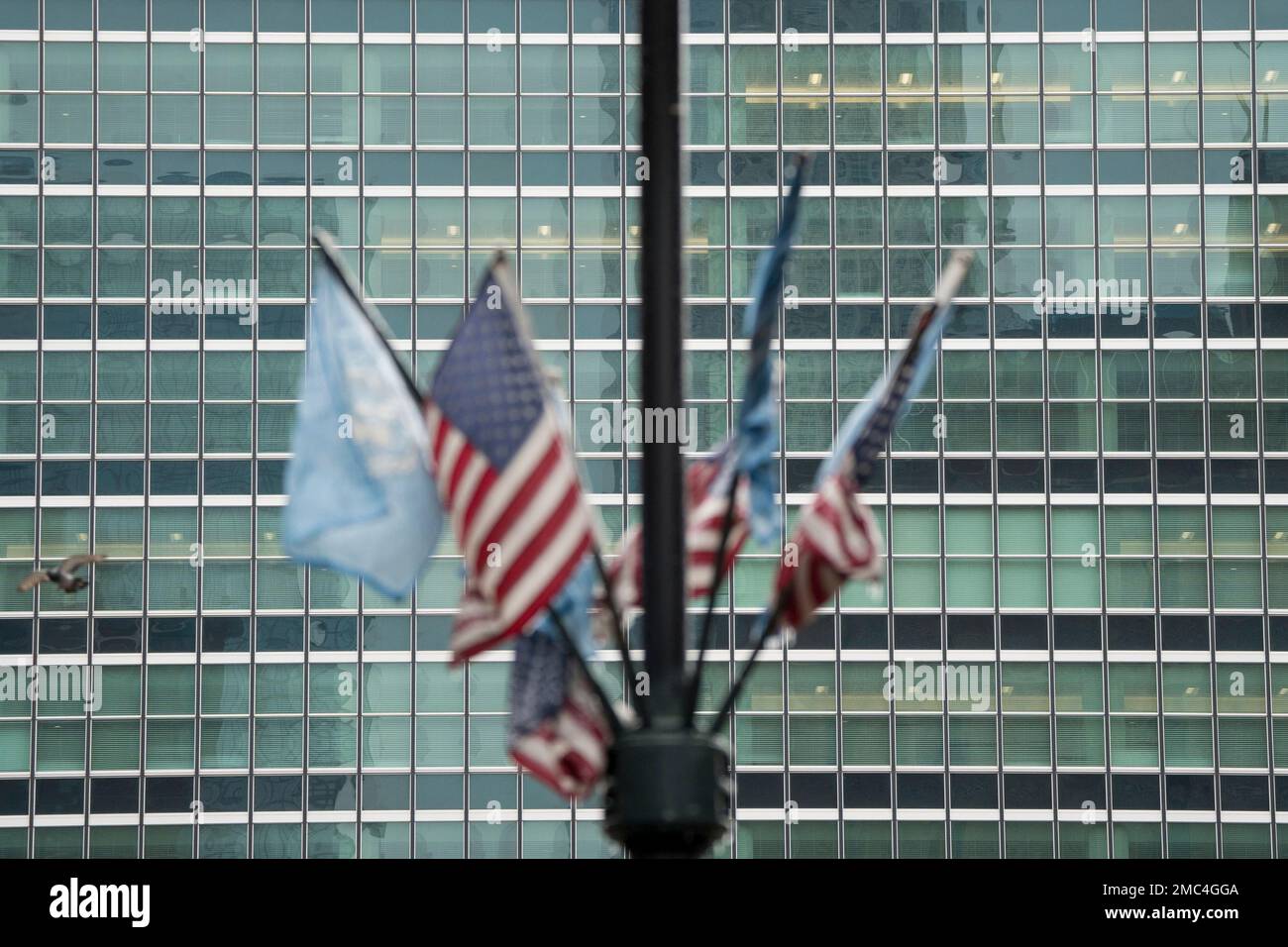 The United Nations flags and the United States flags fly outside United ...