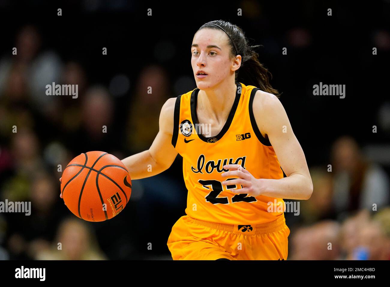 Iowa guard Caitlin Clark drives up court during an NCAA college ...