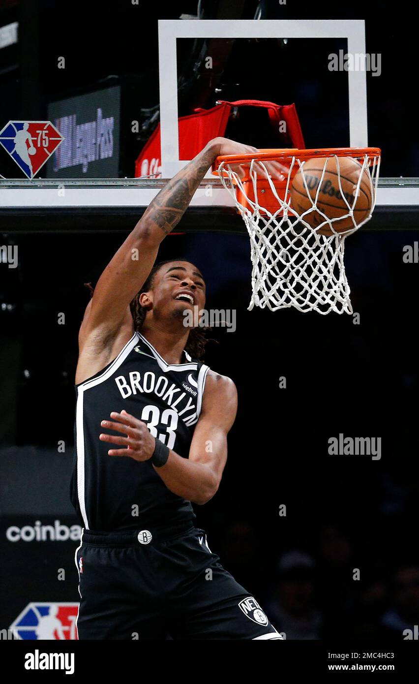Brooklyn Nets forward Nic Claxton (33) dunks against the Boston Celtics ...
