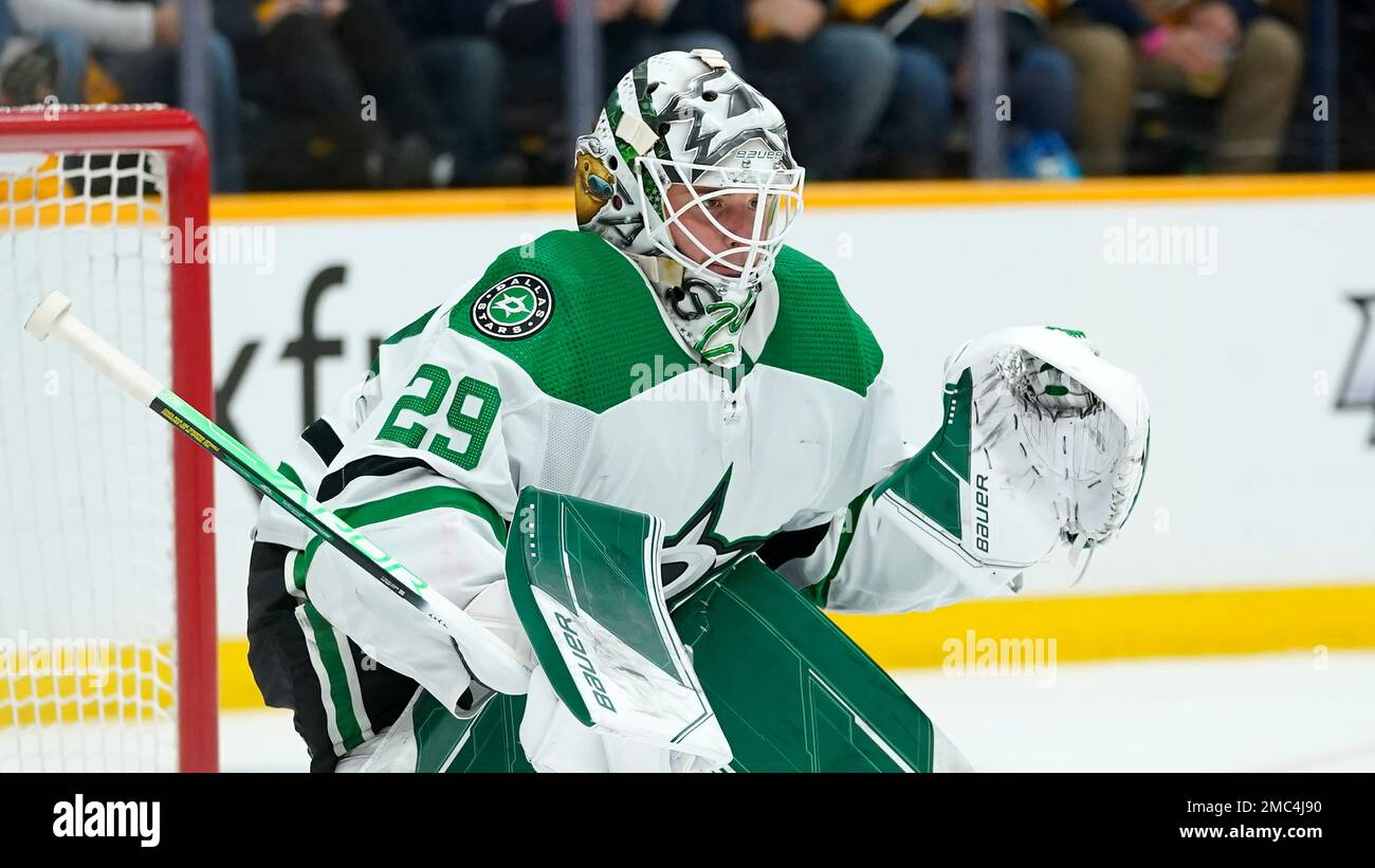 Dallas Stars goaltender Jake Oettinger plays against the Nashville ...