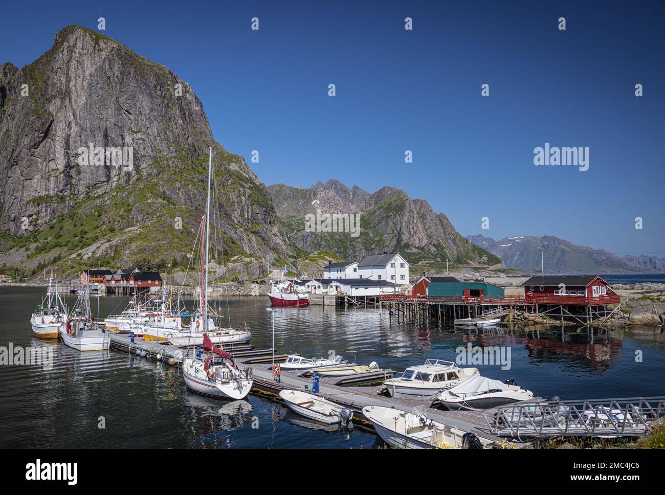 Boats in the harbour at Hamnoya, Moskenesøya, Lofoten Islands, Nordland ...