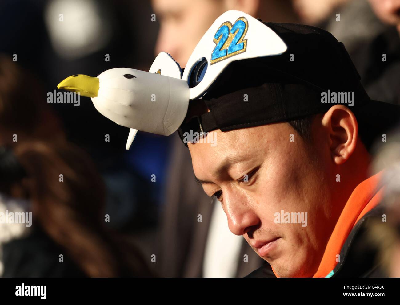 Leicester, England, 21st January 2023. A Brighton fan with a seagull ...