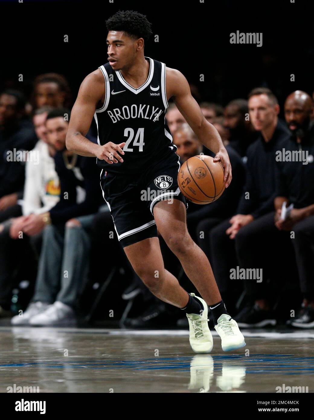 Brooklyn Nets guard Cam Thomas (24) dribbles against the Boston Celtics ...
