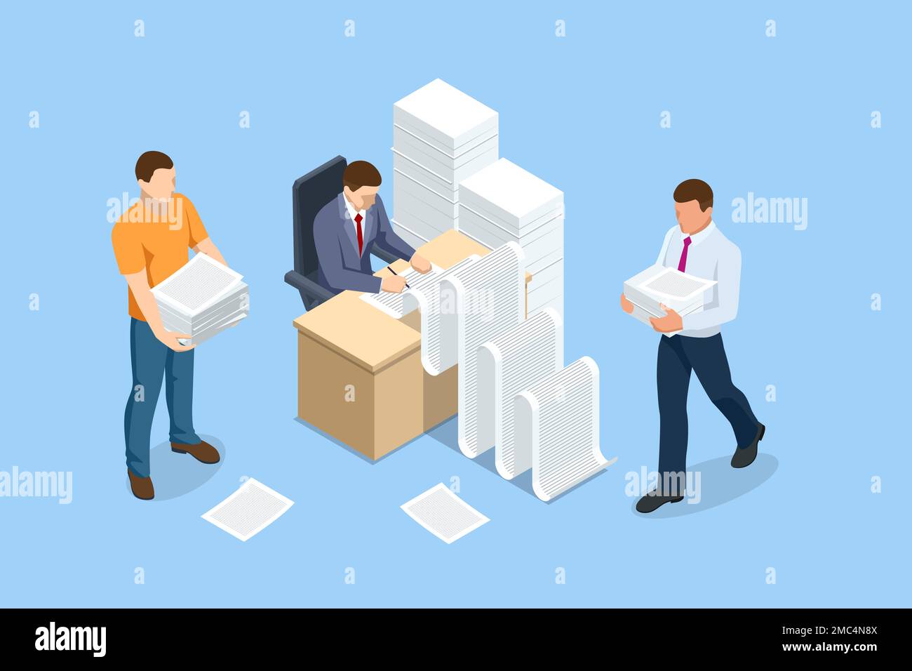 Isometric stacks of paperwork and files in the office, bureaucracy ...