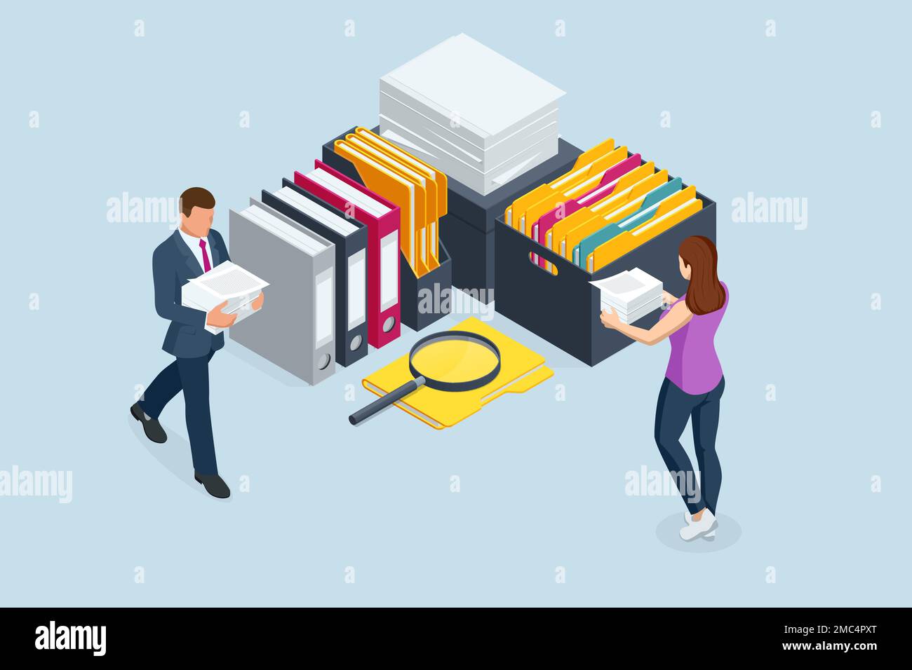 Isometric stacks of paperwork and files in the office, bureaucracy ...