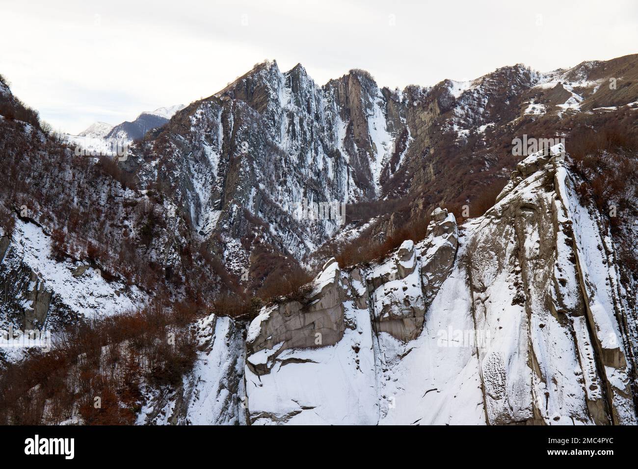 Beautiful snowy mountains. The village of Lahij. Azerbaijan Stock Photo ...
