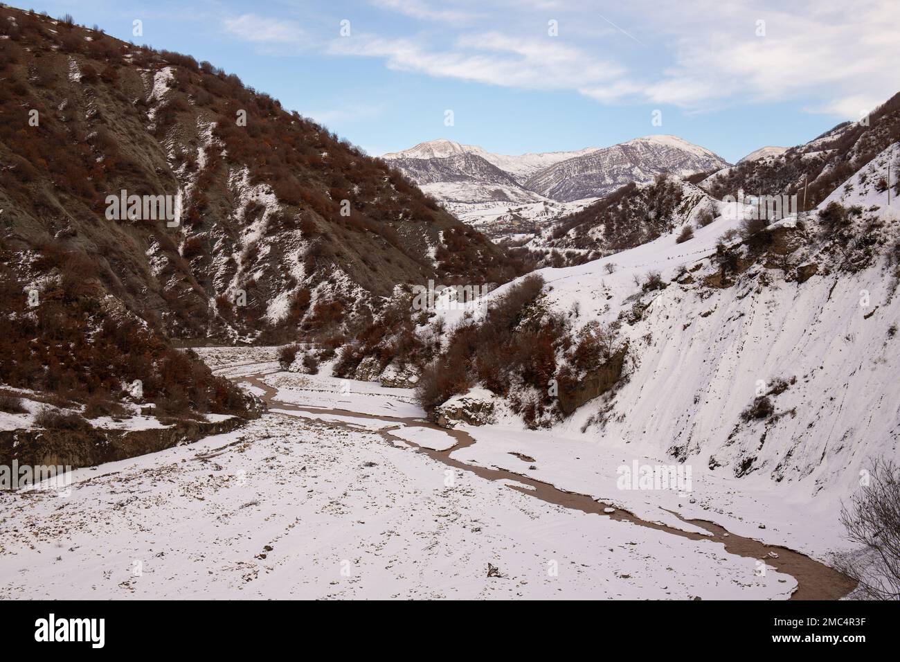 Beautiful snowy mountains. The village of Lahij. Azerbaijan Stock Photo ...