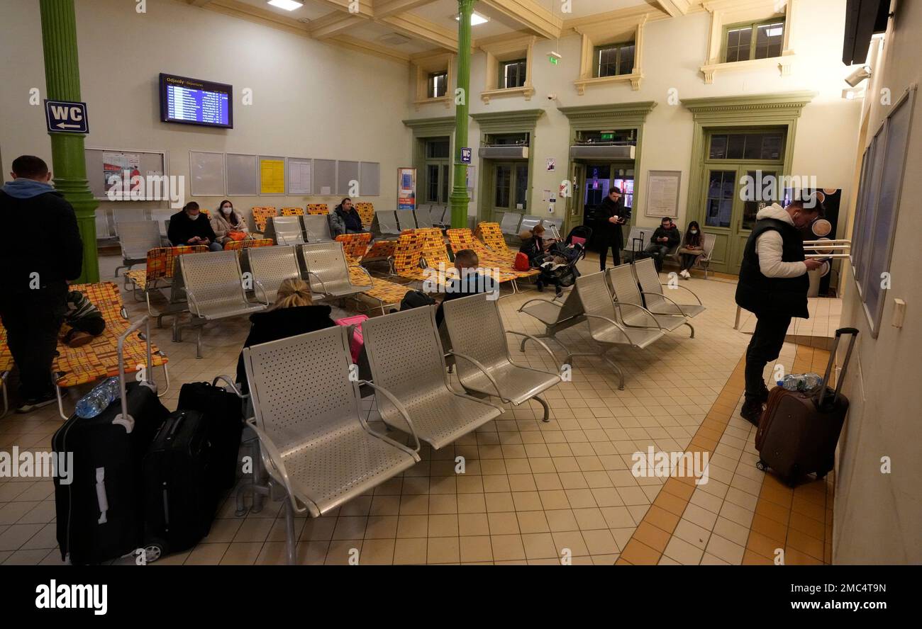 A railway station hall with added camp beds in preparation to ...
