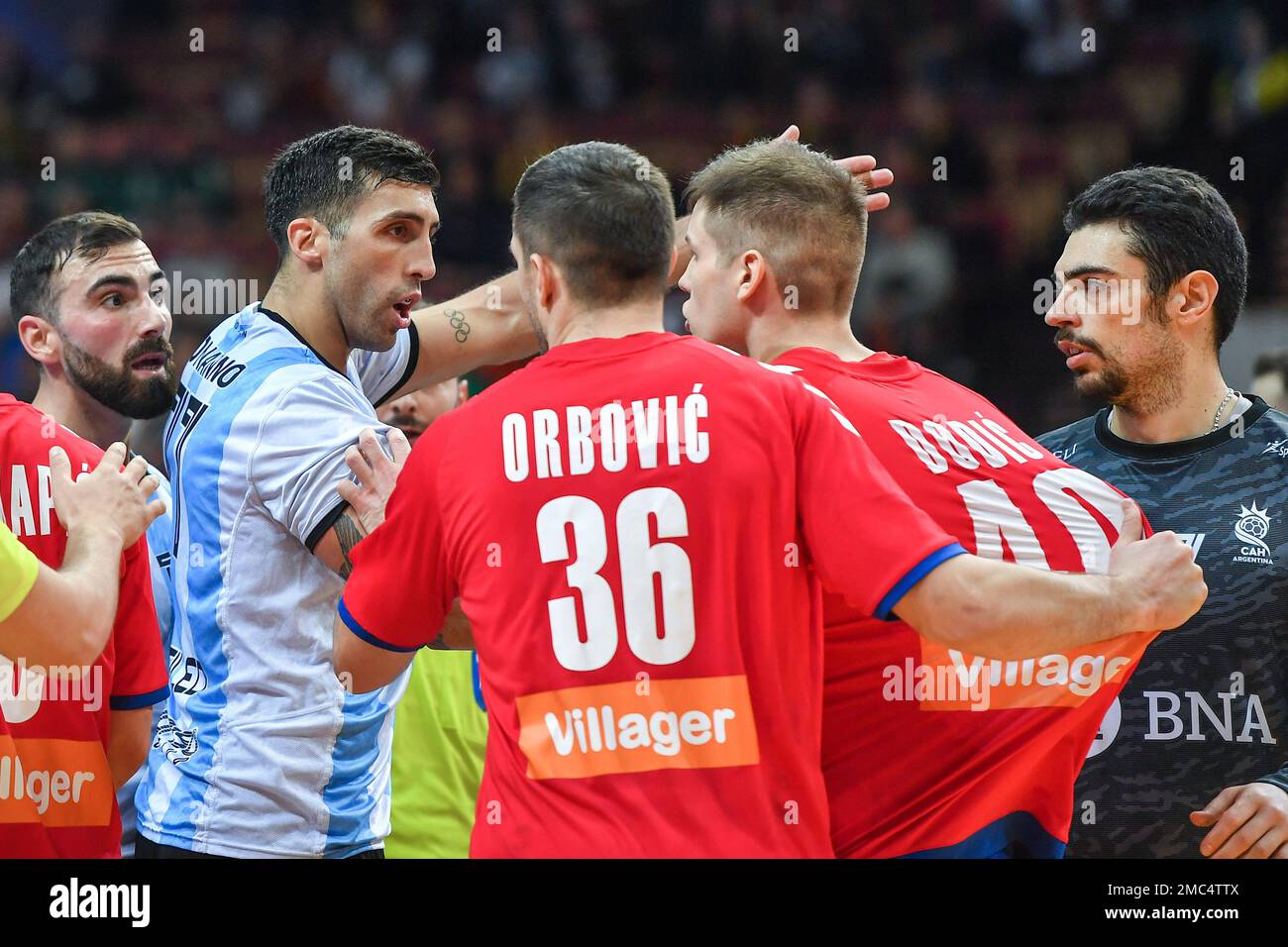 Nicolas Bonanno, Milos Orbovic, Stefan Dodic during IHF MenÕs World Championship match between ...